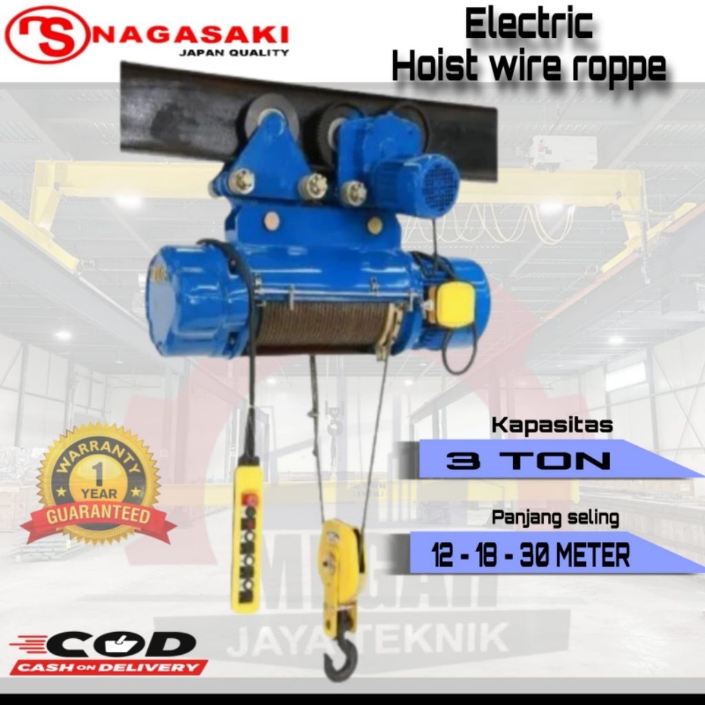 Jual Electric Hoist Wire Roppe Crane 3 ton panjang seling 12 mtr, 18 ...