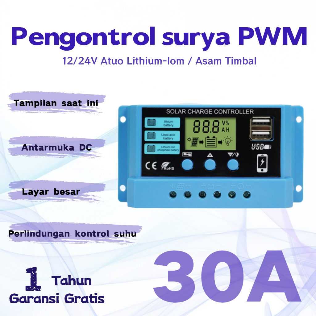 Jual Pengontrol Pengisian Panel Surya 30A PWM Dengan Layar LCD Backlit ...
