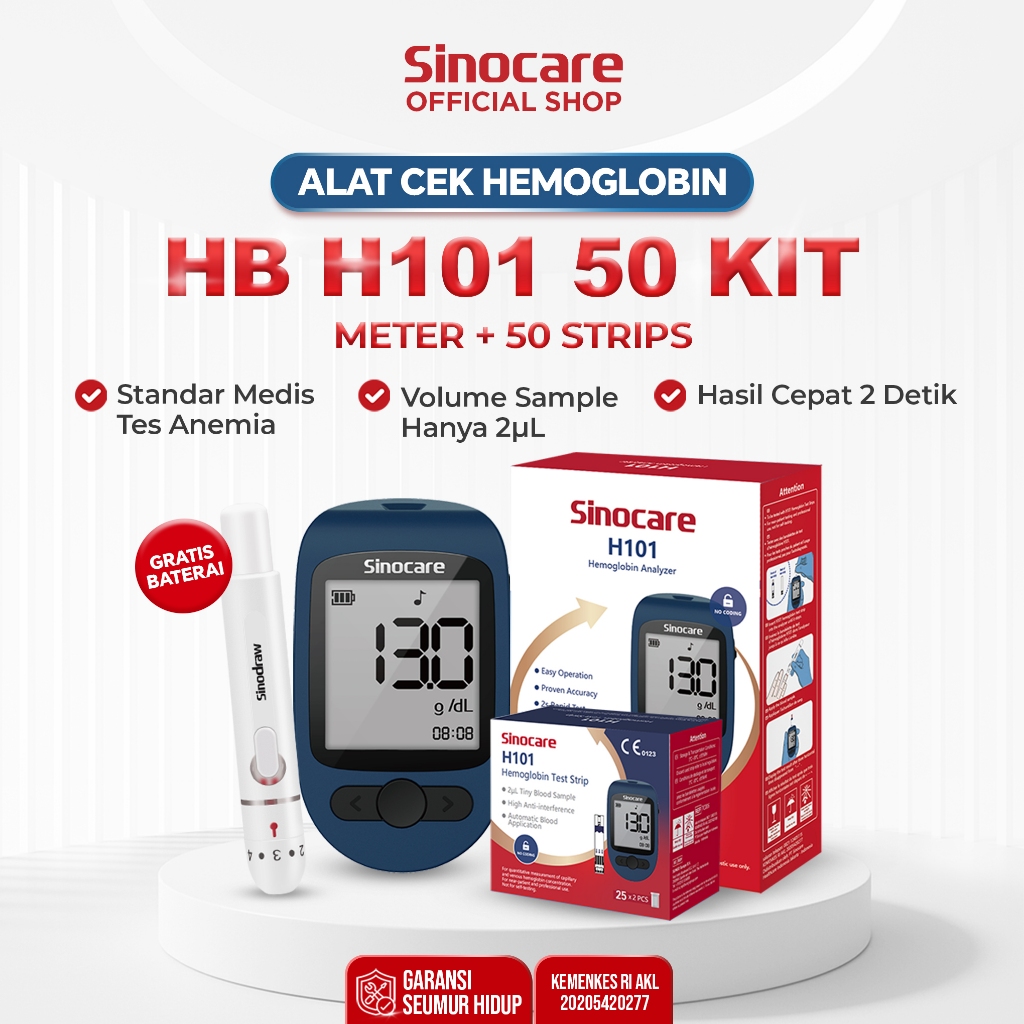 Jual Alat Cek Darah Hemoglobin HB Sinocare H101 Kit isi 50 Strip Alat ...