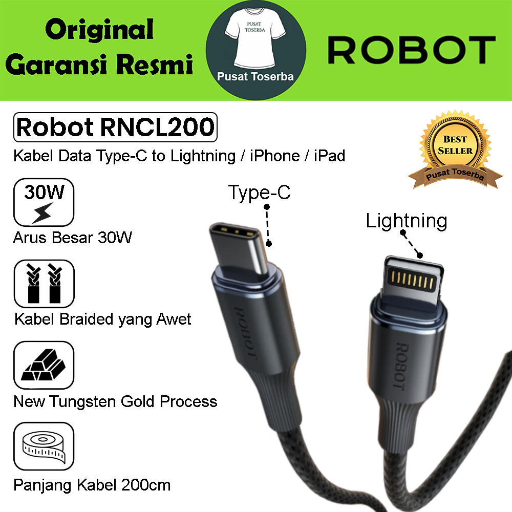 Jual Kabel Data Robot RNCL200 30W Type-C to Lightning Braided Tungsten ...