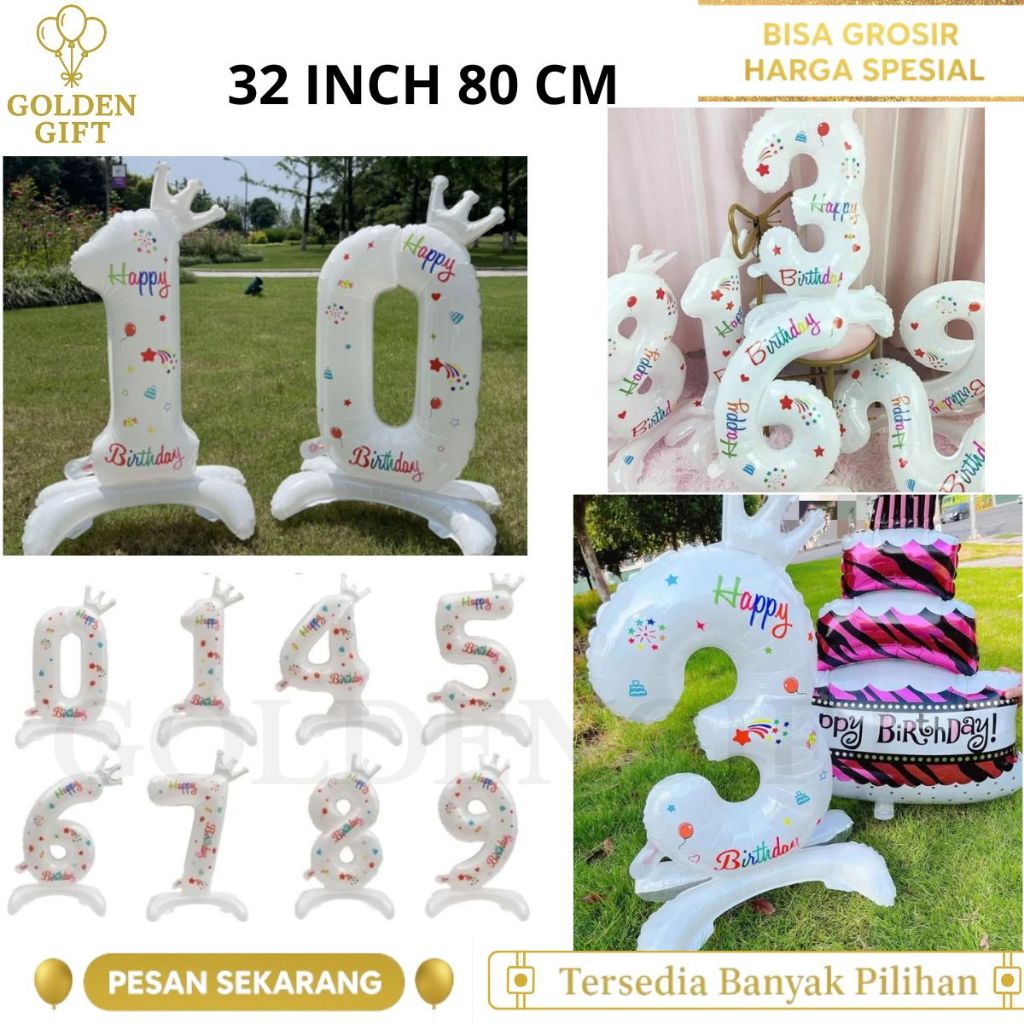 Jual Balon Foil Angka BESAR Standing MOTIF PUTIH - 80cm 32 Inch Putih ...