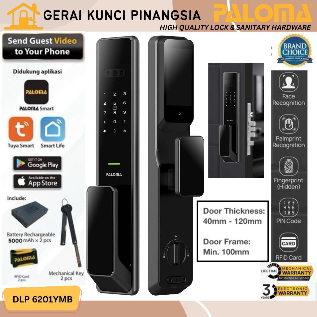 Jual PALOMA DLP 6201YMB Smart Digital Lock Door Kunci Pintu Pintar Sensor Wajah Telapak Tangan ...