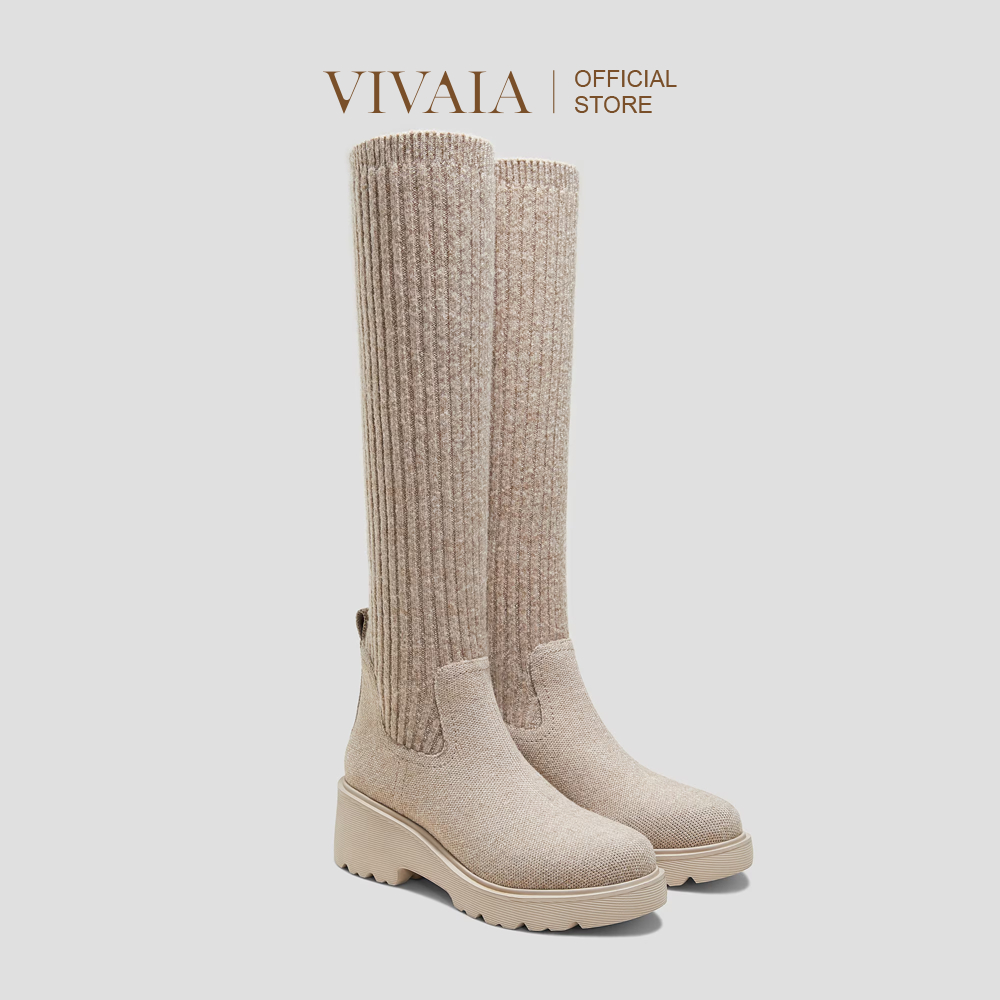 Jual VIVAIA Sepatu Wanita Round-Toe Knee-High Platform Chunky Wool ...