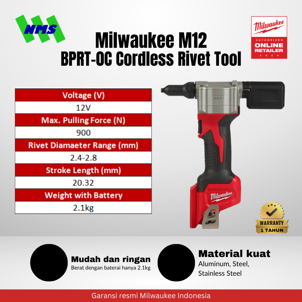 Jual Mesin Rivet Milwaukee M12 BPRT-0C Cordless Rivet Tool Baterai ...