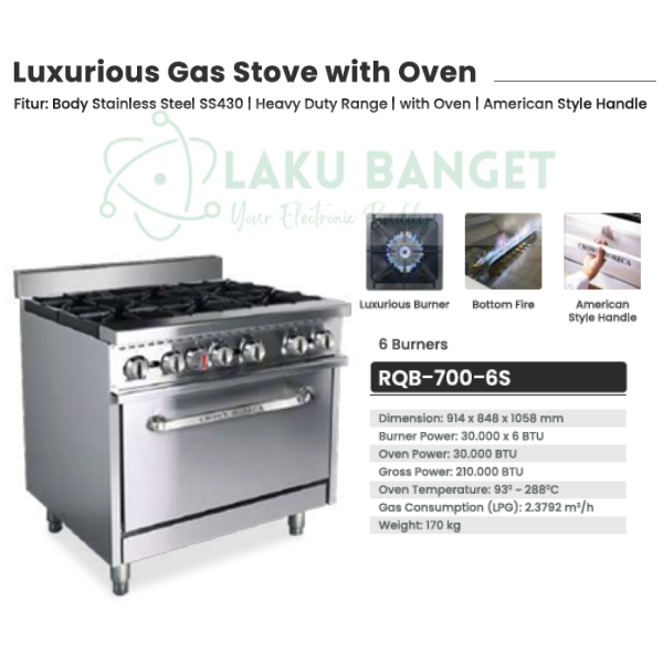 Jual Gas Stove 4 Burner with Oven CROWN RQB-700-4S / Kompor Gas 6 ...
