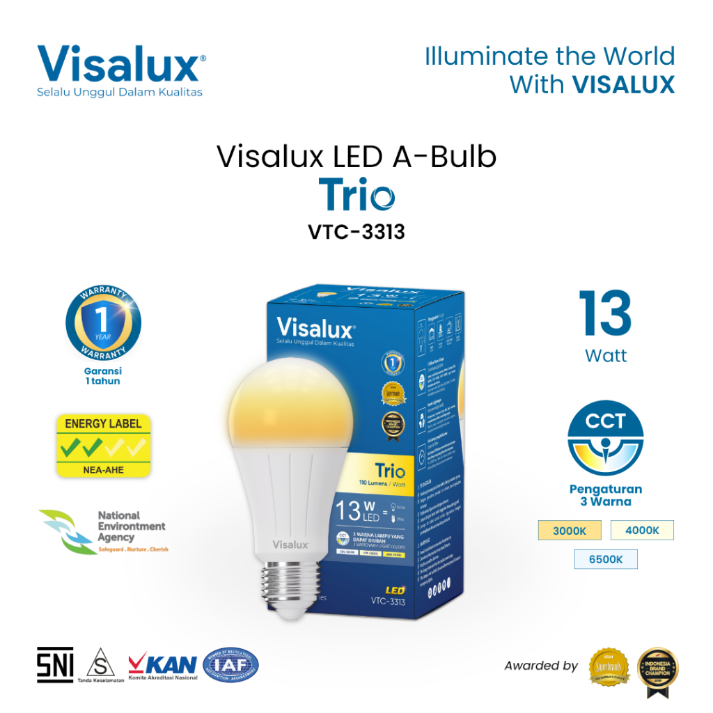 Jual Visalux Trio LED A-Bulb 13W - Lampu Bohlam Tiga Warna 3000K ...