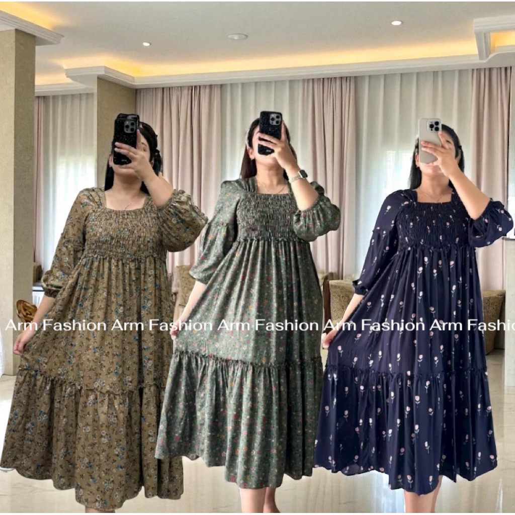 Jual MIDI DRES SABRINA BUNGA SMOKE KEKINIAN RAYON PREMIUM WANITA ...