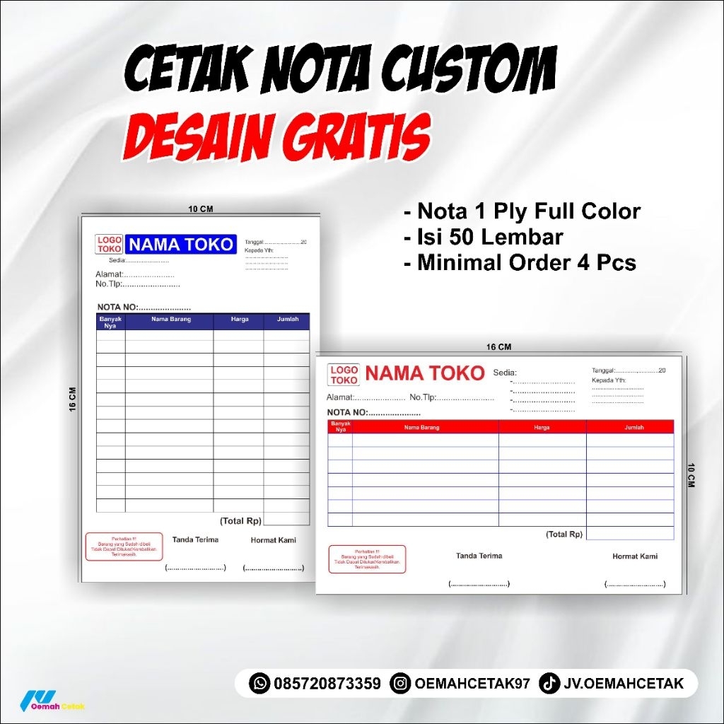Jual cetak nota custom 1 ply, 2 ply 1/4 folio full color, free desain ...