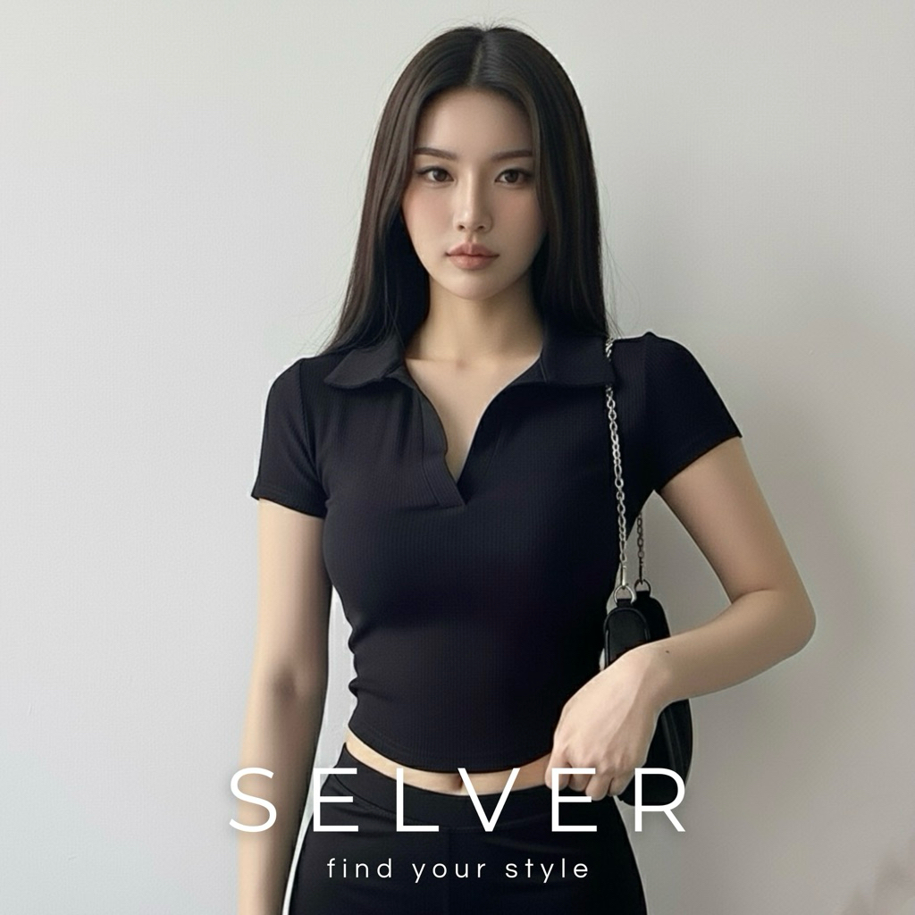 Jual SELVER - Short Sleeve V Neck Crop Top Wanita Kekinian Rib Premium ...