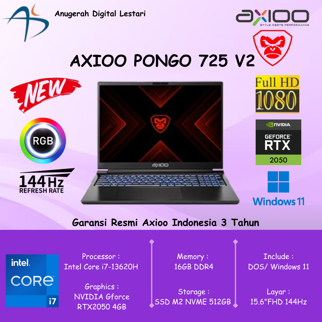 Jual Axioo Pongo 725 V2 Core i7-13620H 16GB 512TB SSD RTX2050 4GB 15.6 ...