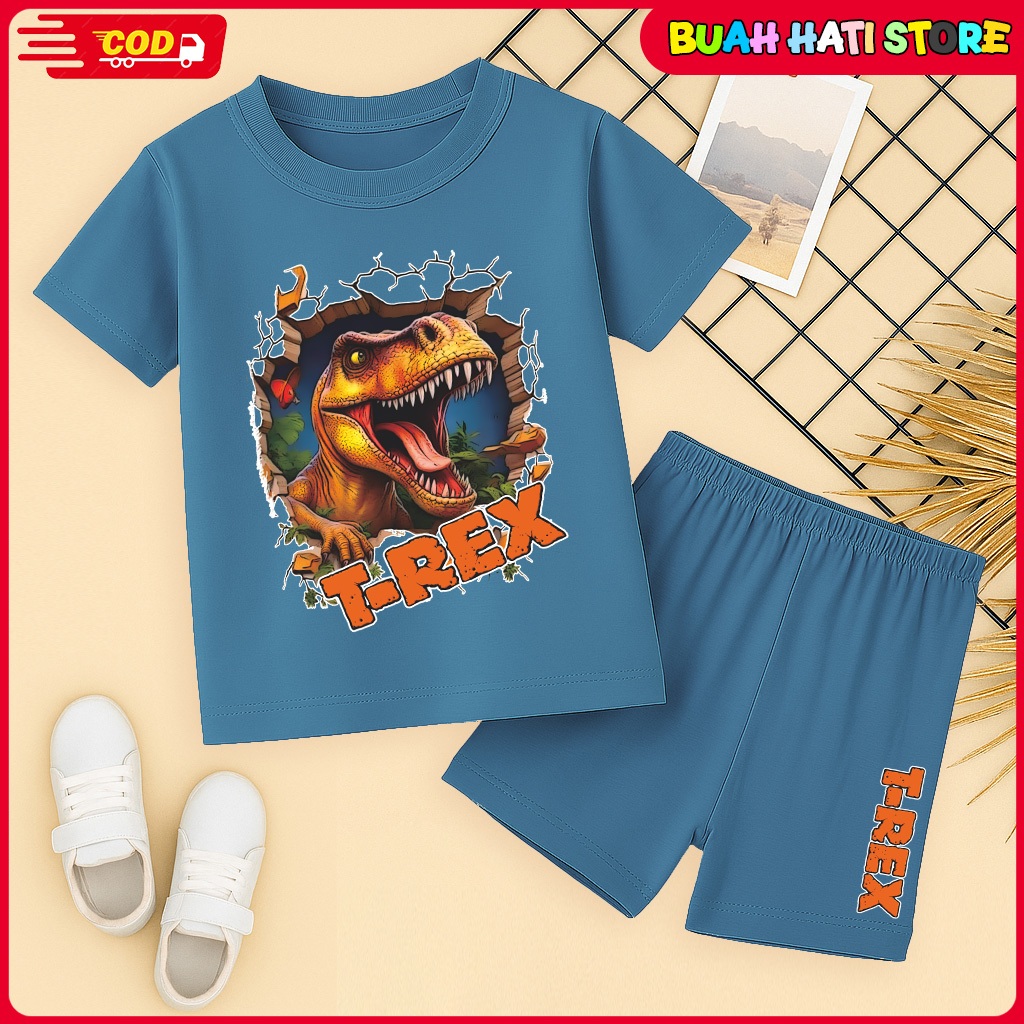 Jual Baju Anak Gambar T-Rex Dinosaurus Setelan Pendek Bahan Adem Dan ...