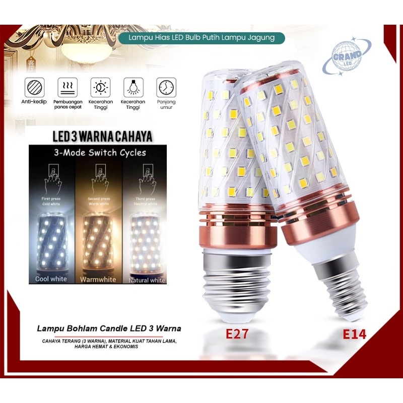 Jual Lampu Bohlam Jagung 3 warna Led Candle 12w 16w Lampu E27 E14 3 ...