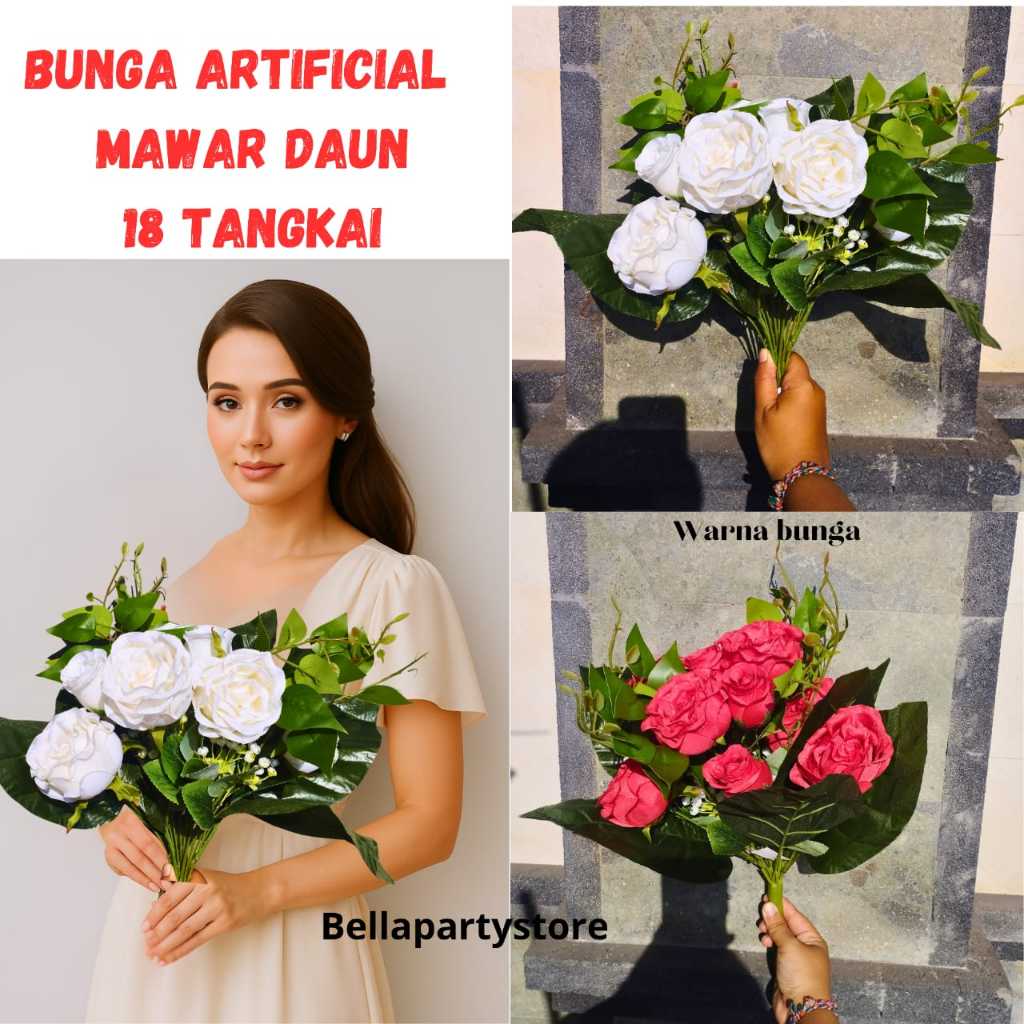 Jual Hand buket bunga mawar artificial dengan daun tangkai mawar jumbo ...