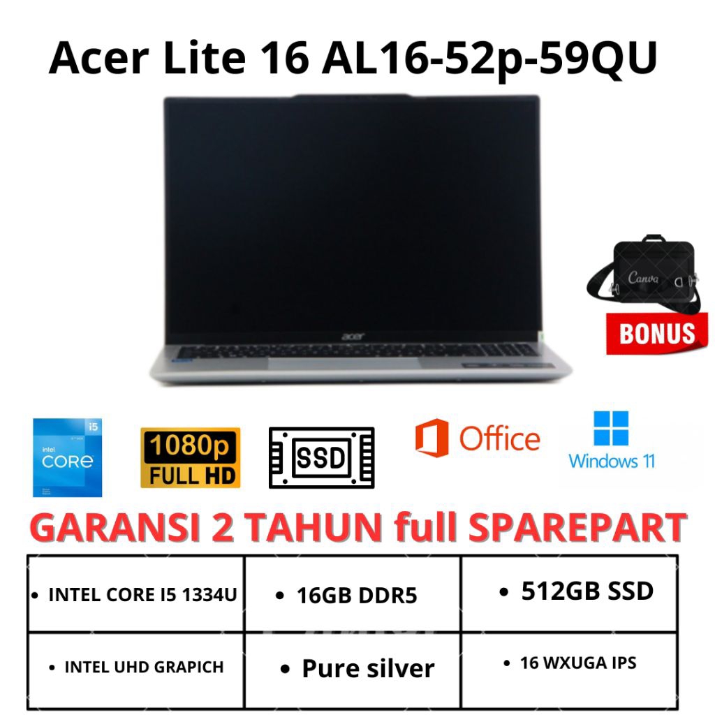 Jual Acer Aspire Lite 16 AL16-52p-59QU with Intel i5-1334u and 16GB RAM ...