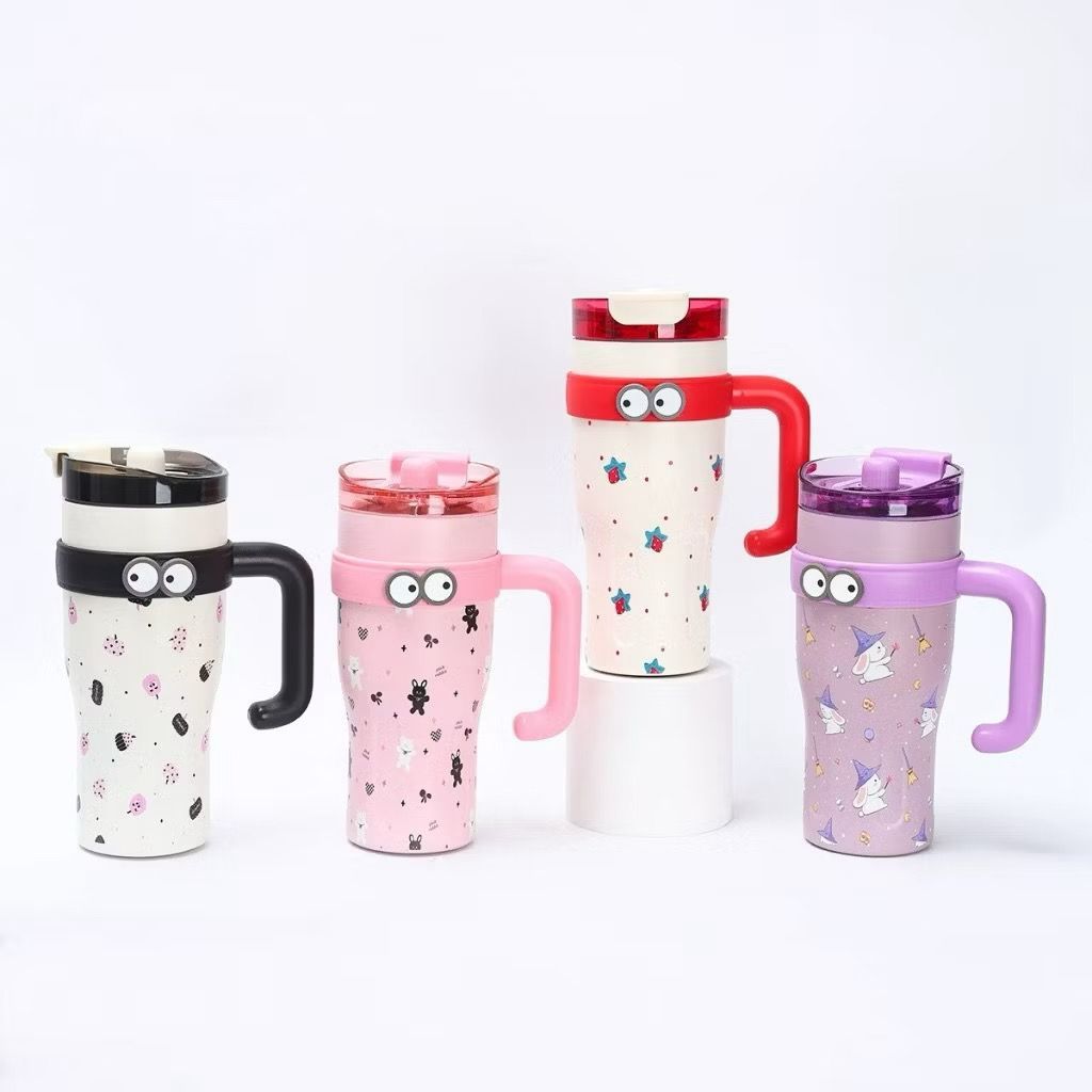 Jual Mug Tumbler 900ml dengan Gagang + Sedotan Stainless Steel SUS 316 Motif Lucu Dua Cara Minum ...