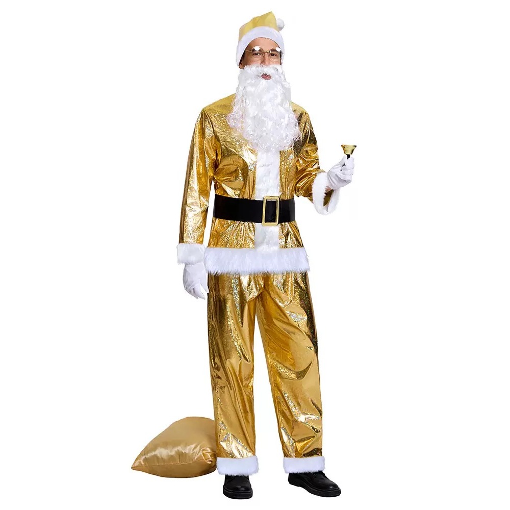 Jual Gold Santa Claus Costume Men's Gold Beard Top Cloth Pants Hat Belt ...