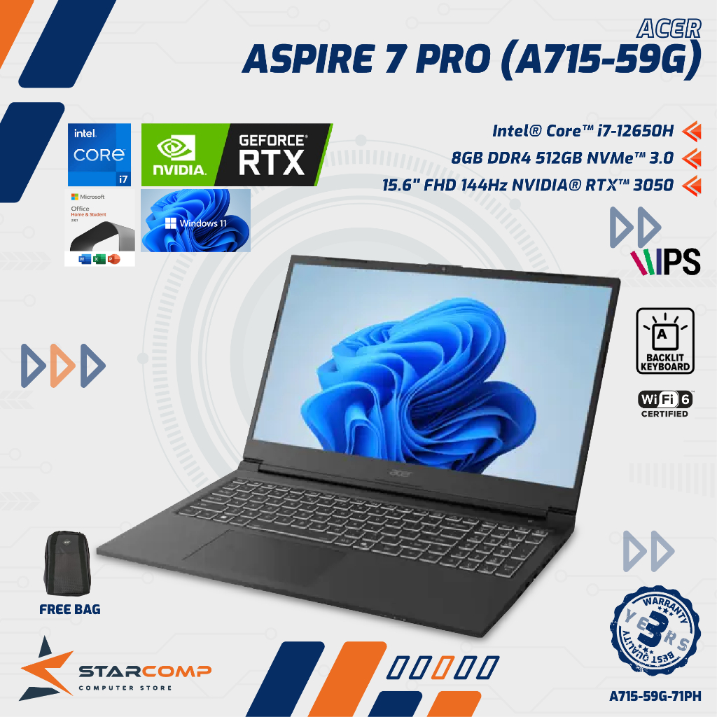 Jual ACER Aspire 7 Pro A715-59G i7-12650H RTX3050 8GB 512GB SSD 15.6" FHD 144Hz W11+OHS | Shopee ...