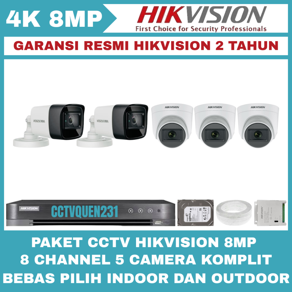 Jual PAKET CCTV HIKVISION 8MP 8 CHANNEL 5 CAMERA 4K TURBO HD PRO KAMERA ...
