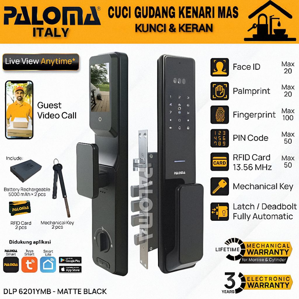 Jual PALOMA DLP 6201YMB Smart Digital Lock Door Kunci Pintu Pintar ...