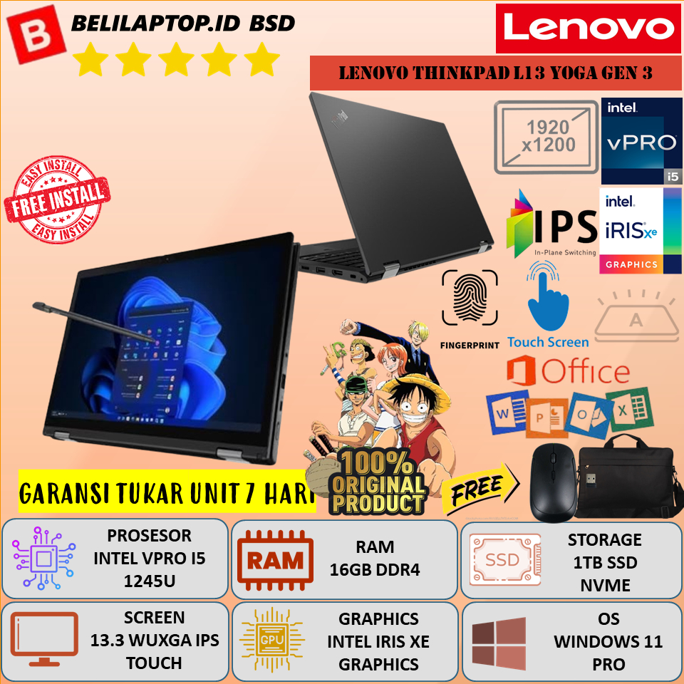 Jual Laptop 2in1 Lenovo L13 Yoga Gen 3 Intel Core Vpro i5 1245U Rsm 16GB !TB SSD 13,3" WUXGA IPS ...