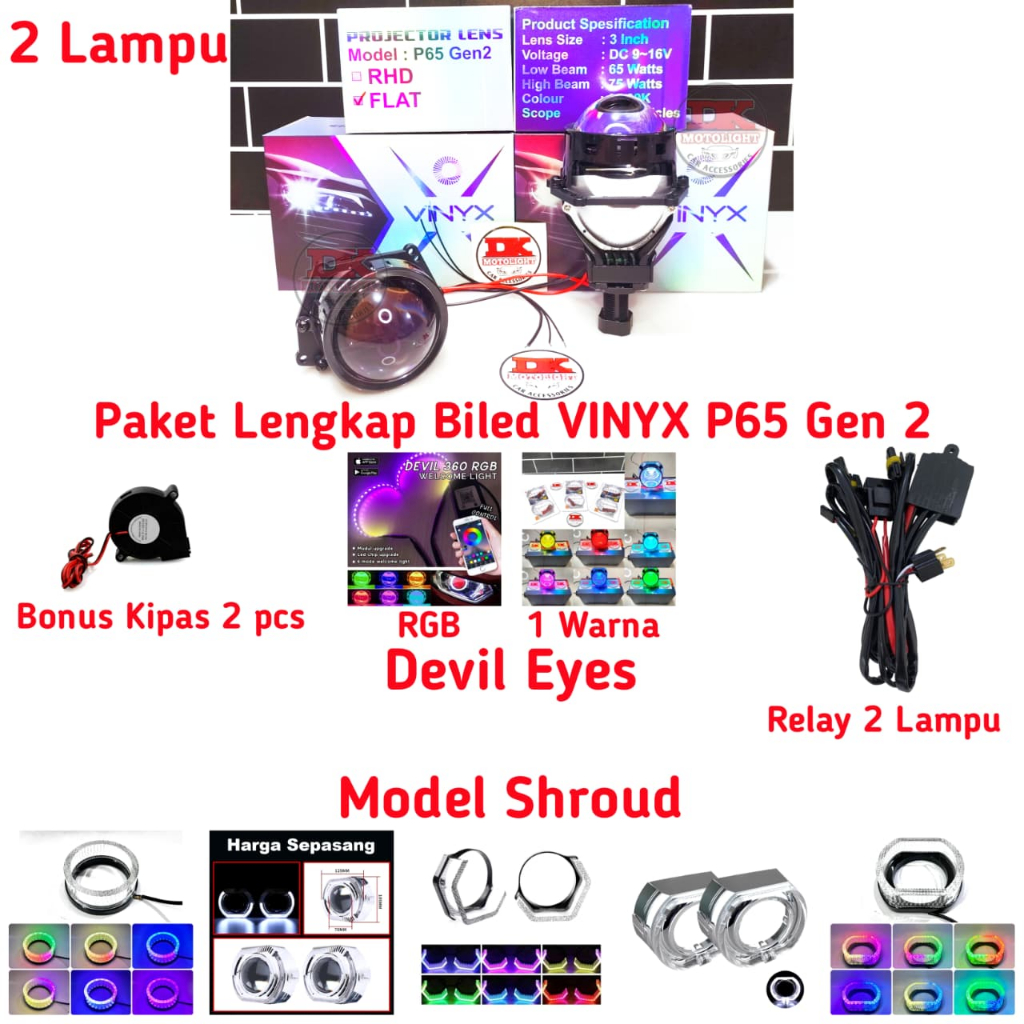 Jual Paket Full Set 2 Lampu Projie BiLED VINYX P65 Gen 2 + Shroud 3 ...