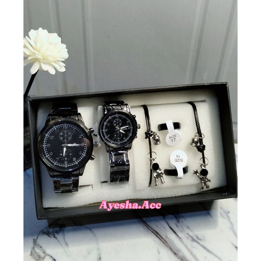 Jual Jam tangan rantai hitam set Couple fashion terbaru udah free kotak ...