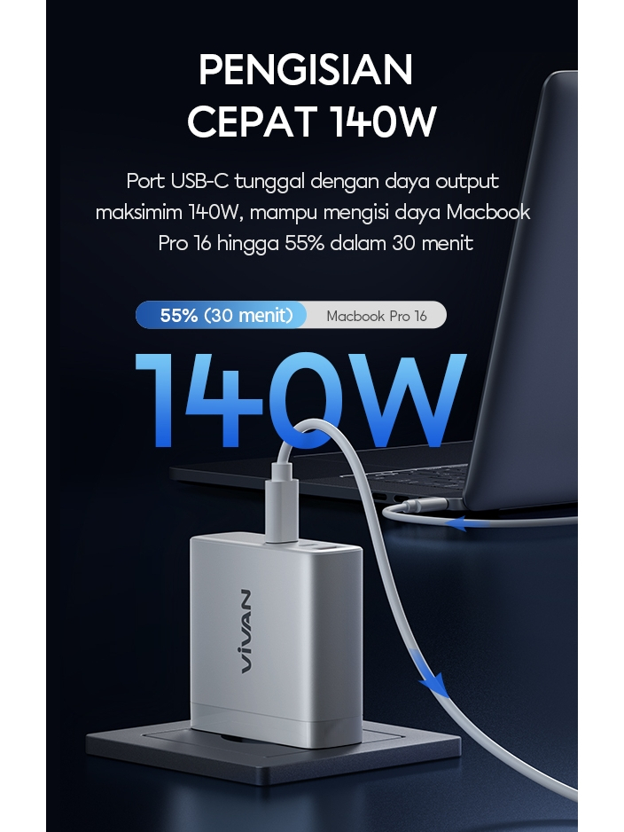 Jual VIVAN GaN04 Charger 140W – 2×USB-C + 1×USB-A, PD 3.1 & QC 3.0, GaN ...