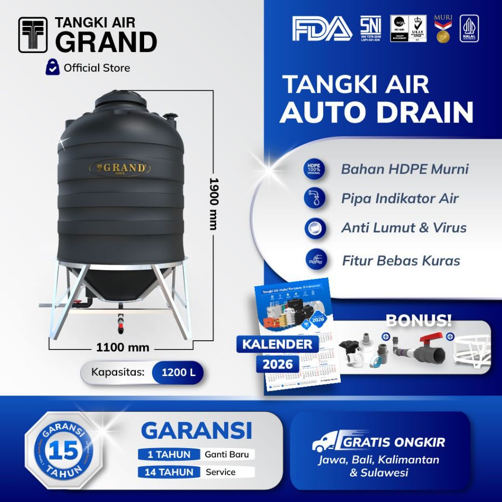 Jual Grand Tangki Toren Tandon Air Auto Drain 1.200 Liter Bebas Kuras ...