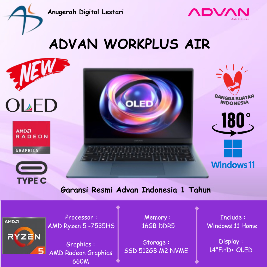 Jual Advan Workplus Air OLED Ryzen 5-7535HS 16GB DDR5 512GB 14"FHD OLED ...