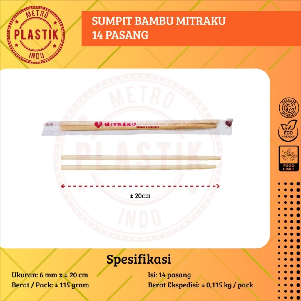 Jual Sumpit Bambu Higienis Isi 14 Pasang / Sumpit Mitraku 6mm x 20cm ...