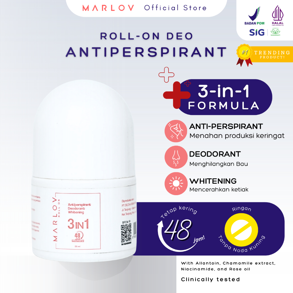 Jual MARLOV Antiperspirant Deodorant Whitening Roll On 3 in 1 Formula 25ml BPOM HALAL | Shopee ...