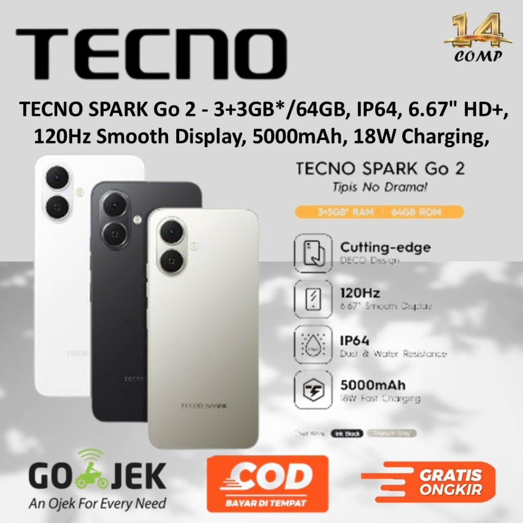 Jual TECNO SPARK Go 2 - 3+3GB*/64GB, IP64, 6.67" HD+, 120Hz Smooth ...