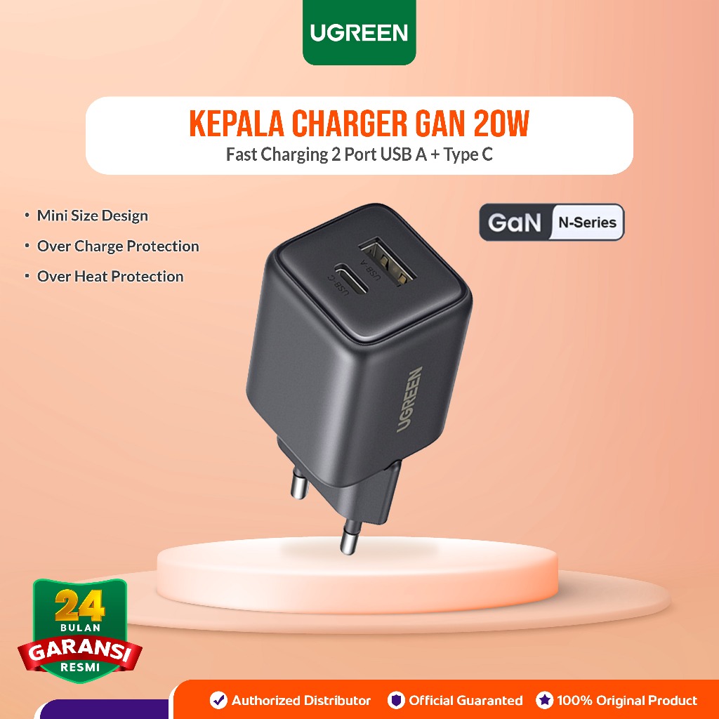Jual UGREEN 65737 Kepala Charger GaN N Series Dual Port Type C USB A ...