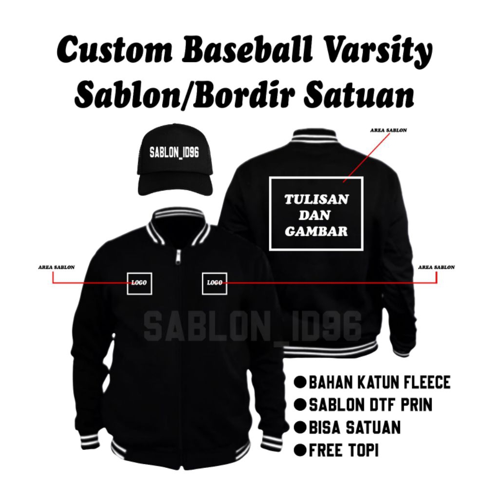Jual Jaket Varsity / Baseball Model Resleting Free Topi Custom Sablon ...