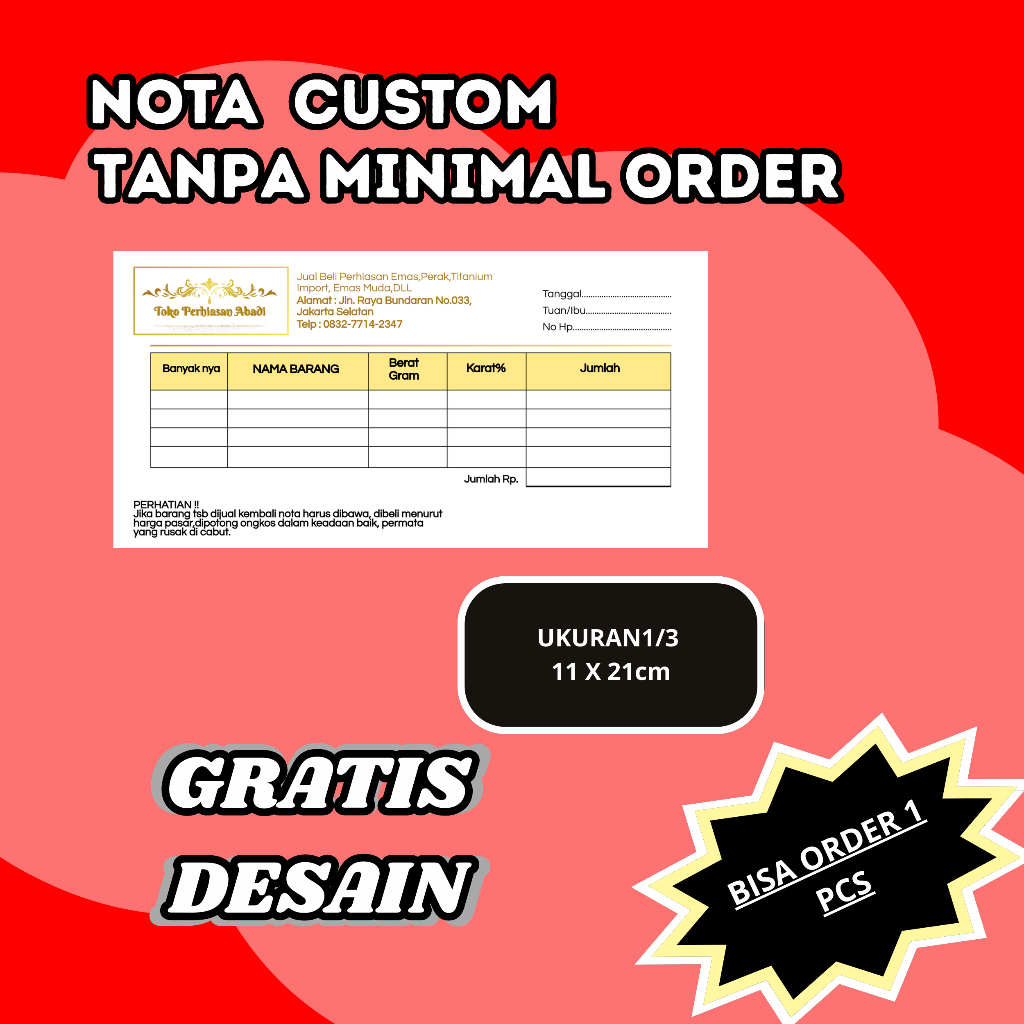 Jual Nota Custom 1/3 ukuran 11x21 | Nota Menu | Nota Kwitansi ...