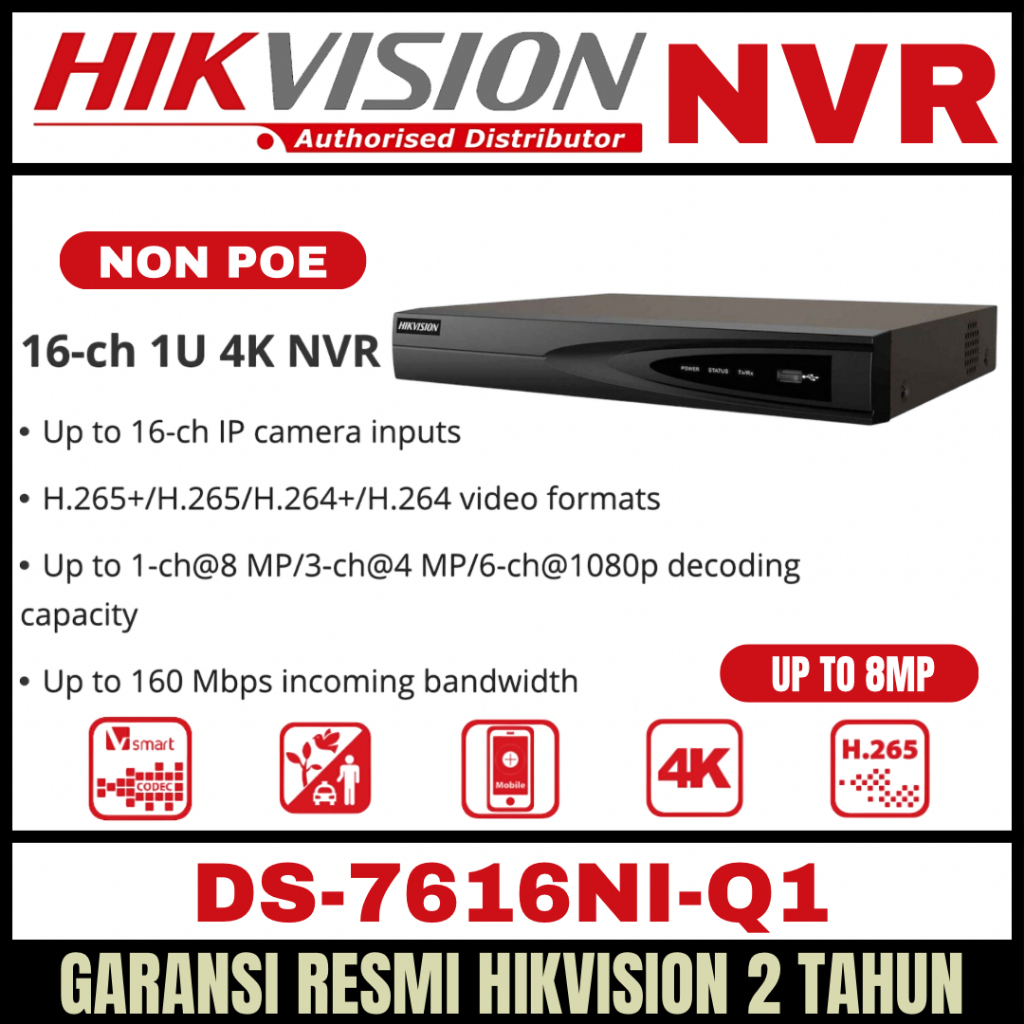 Jual NVR HIKVISION DS-7616NI-Q1 16 CH 1U 4K NVR 16 CHANNEL UP TO 8MP IP ...