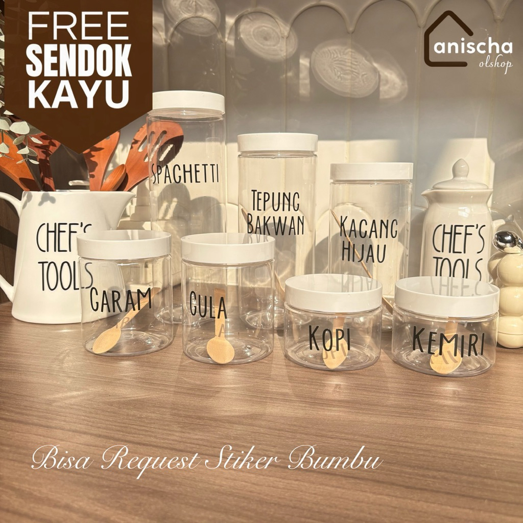 Jual (Free Sendok Kayu) Anischa Toples Bumbu Dapur Tutup Putih Toples ...