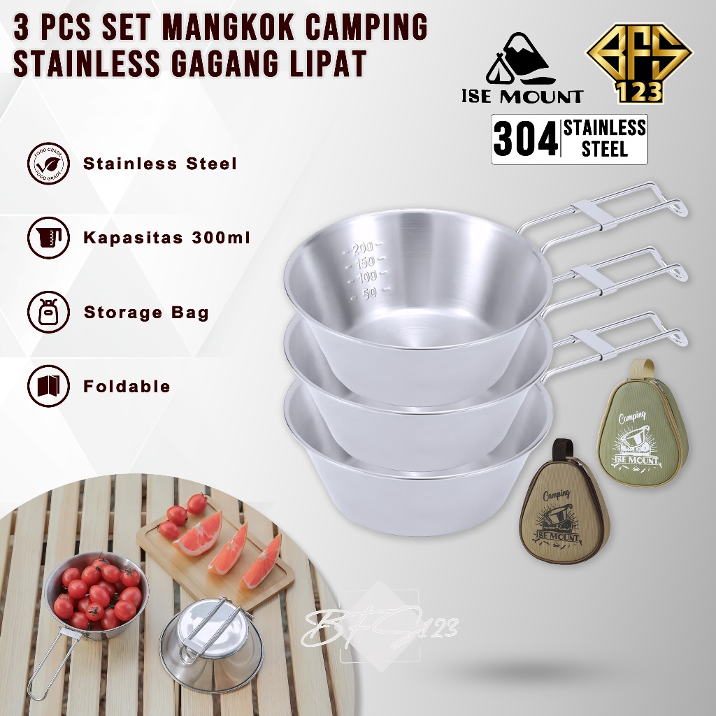 Jual ISE Mount Mangkok Camping Stainless 304 Set 3 Pcs Gagang Lipat ...