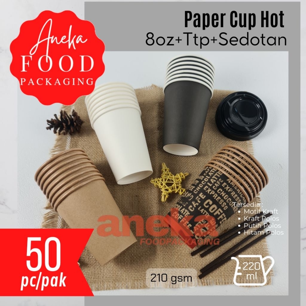 Jual 50pc- Hot paper cup 8oz+TUTUP motif polos kraft & putih gelas kopi kertas 220ml+lid+sedotan ...