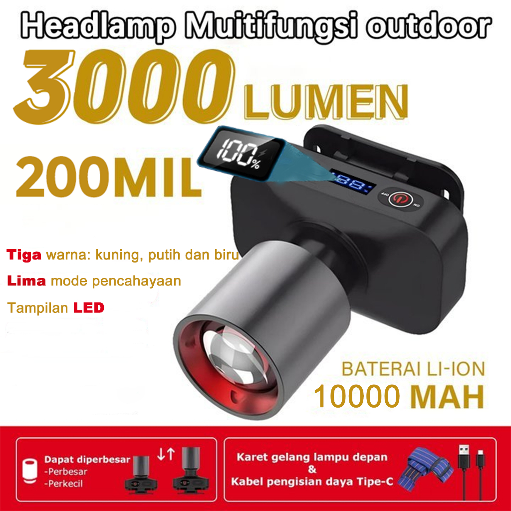 Jual Senter Kepala Zoom Super Terang Tampilan Digital Zoom Lampu Kepala ...