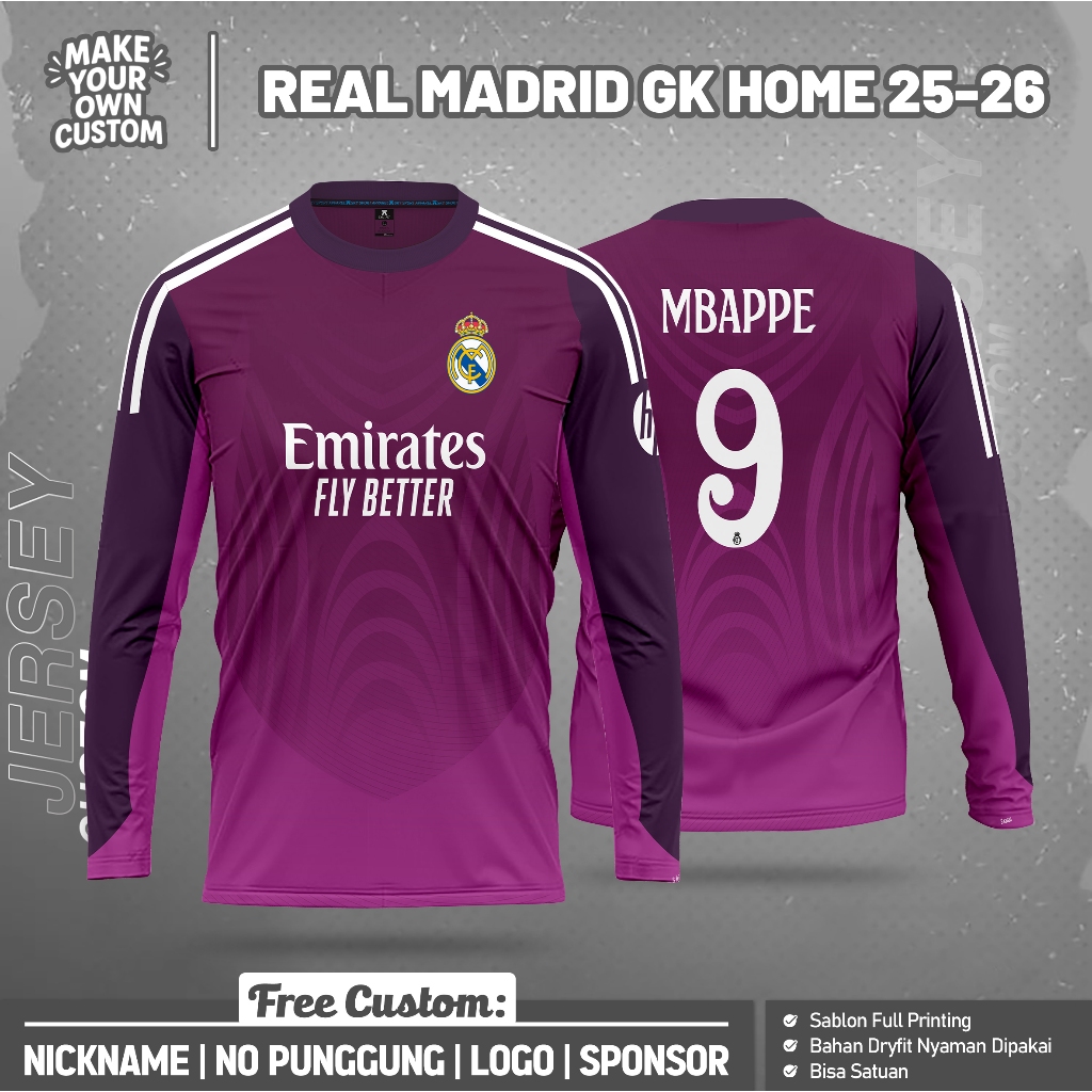 Jual Jersey Sepak Bola Custom REAL MADRID GK HOME 2025-2026 PANJANG ...