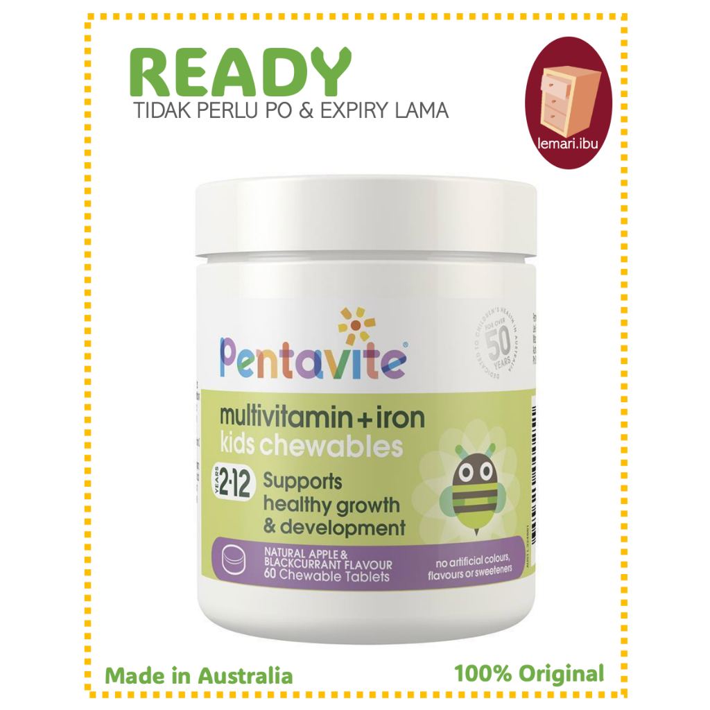 Jual Pentavite multivitamin + iron kids 60 chewable tablets - 100% ...