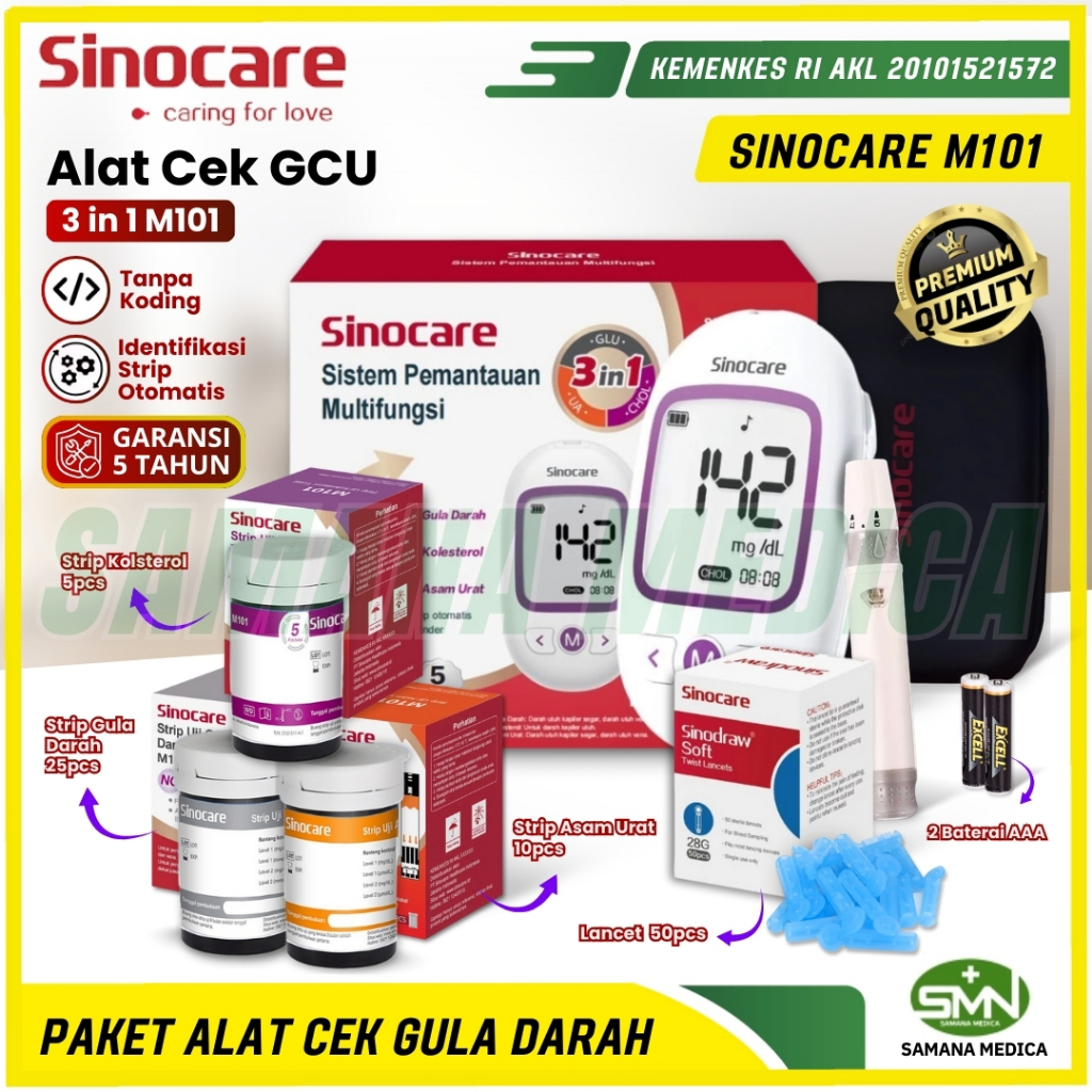Jual SINOCARE Paket Alat Cek GCU 3 in 1 M101 / Alat Cek Multifungsi Gula Darah, Kolesterol ...