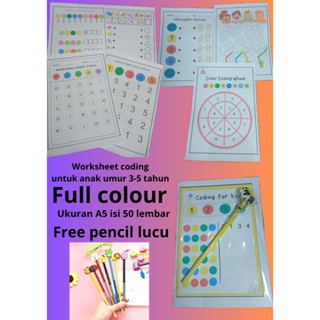 Jual worksheet coding anak umur 3-7 tahun full warna free pensil lucu ...
