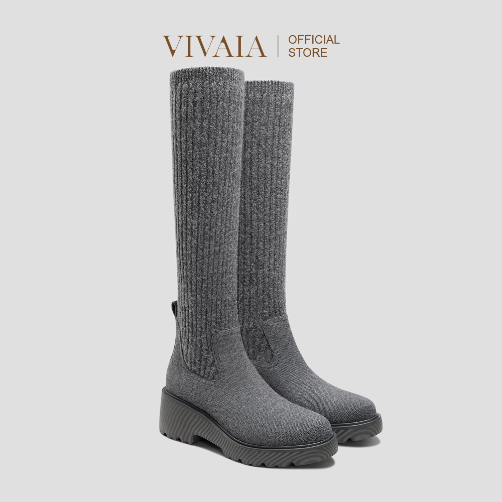 Jual VIVAIA Sepatu Wanita Round-Toe Knee-High Platform Chunky Wool ...