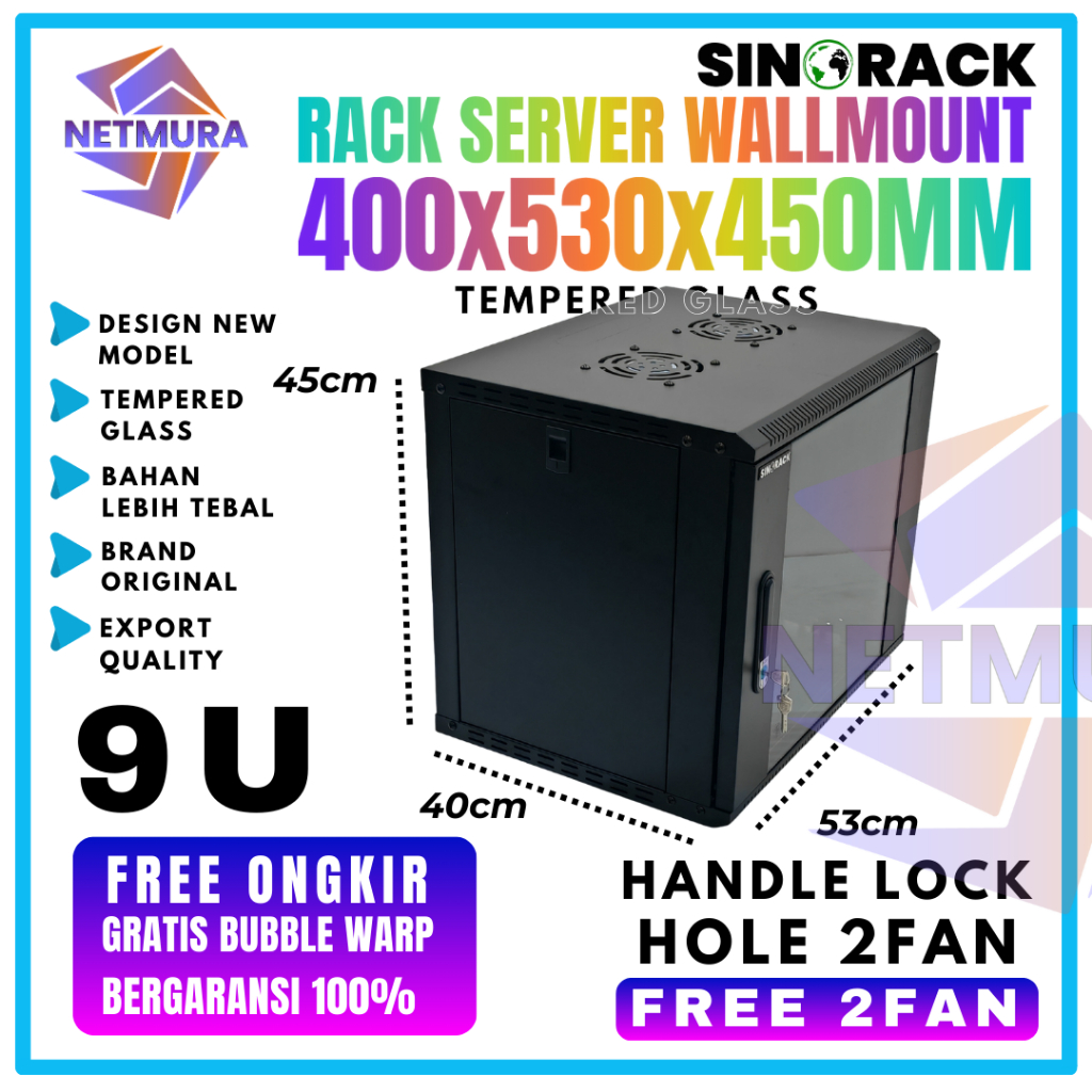 Jual Wallmount Rack Server 9U SINORACK Pintu Kaca Tempered Handle Lock ...