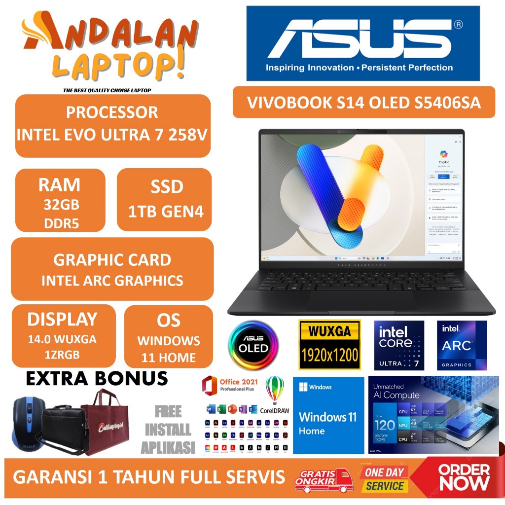 Jual ASUS Vivobook S14 OLED S5406SA Ultra 7 258V RAM 32GB SSD 1TB Layar ...