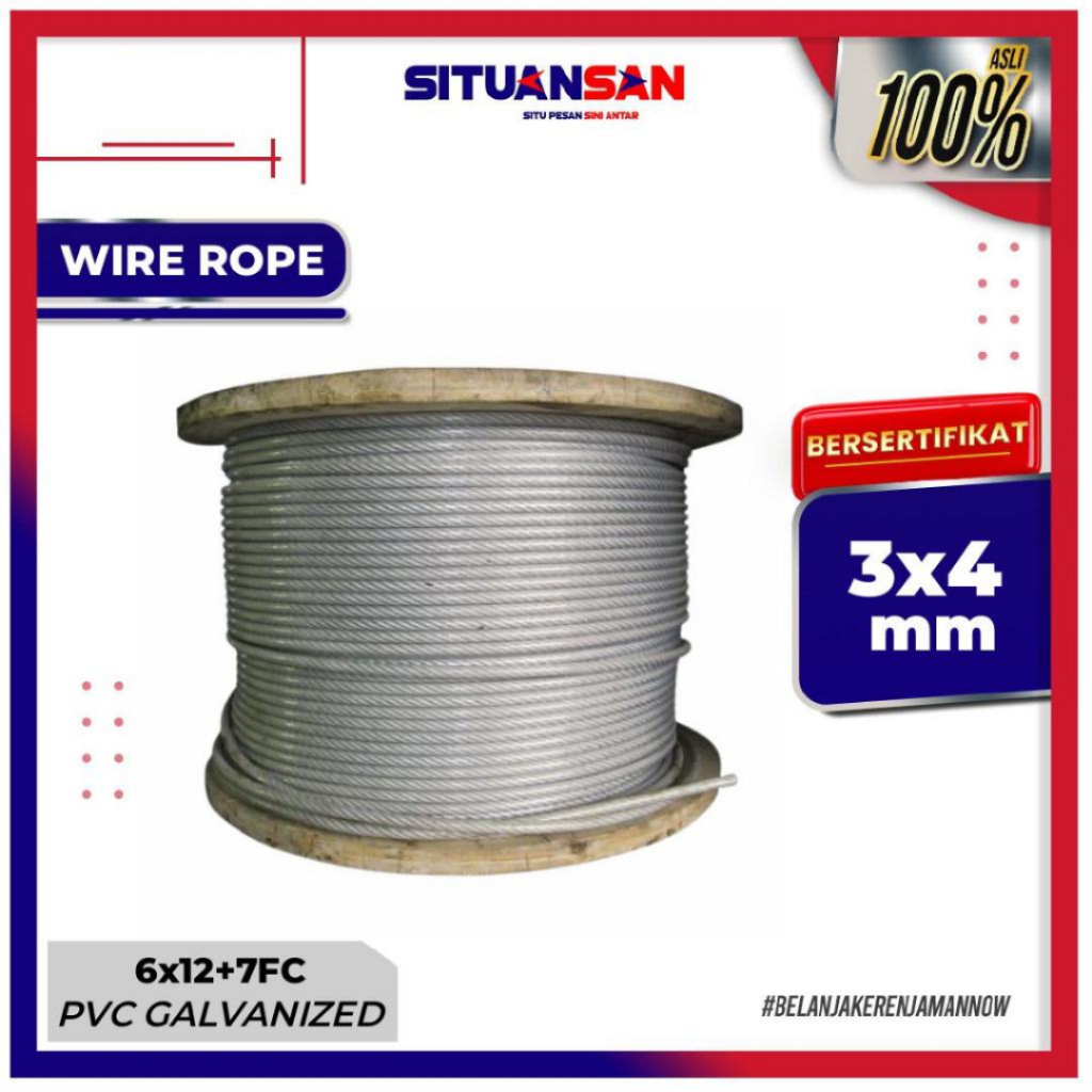 Jual Wire Rope PVC 3 x 4mm 6x7 FC Galvanised Kawat Seling 3x4mm PVC ...