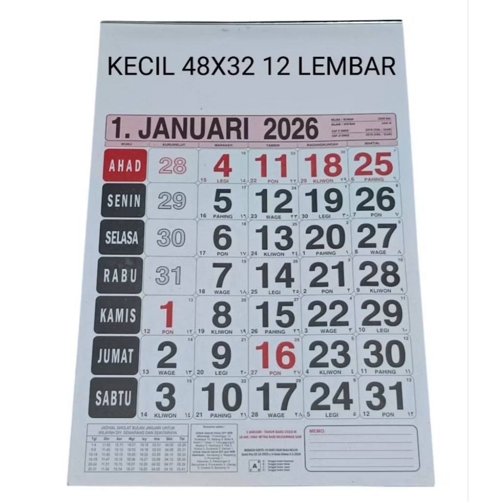 Jual Kalender Almanak Dinding 2026 Besar Isi 12 Lembar Ukur 38x53 Cm ...