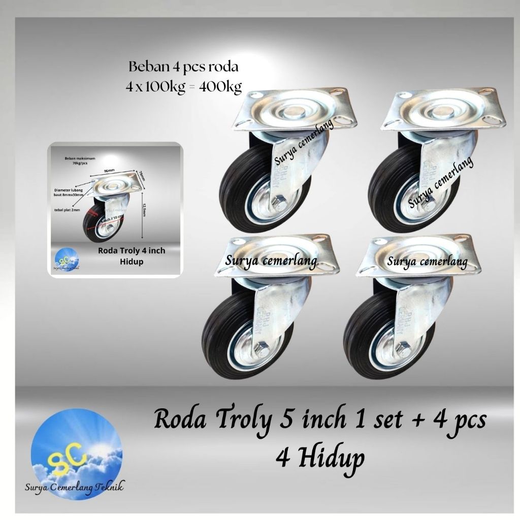 Jual Roda troli Karet 5 inch Hidup inch troly kastor 1 Set 4pcs ( Hidup ...
